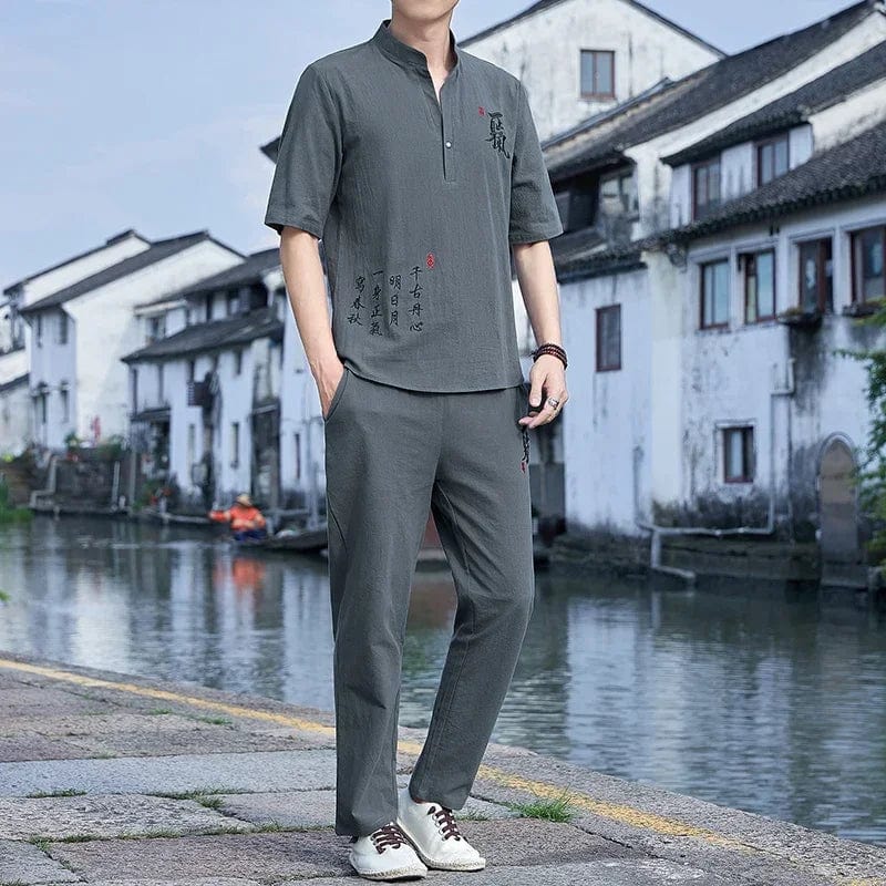 Tang kanji text linen shirt pants set – High Street Beast